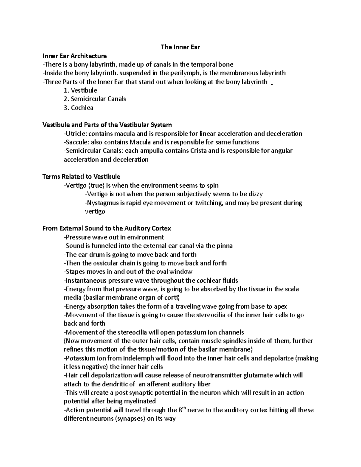 Hearing Science Final Notes - The Inner Ear Inner Ear Architecture ...