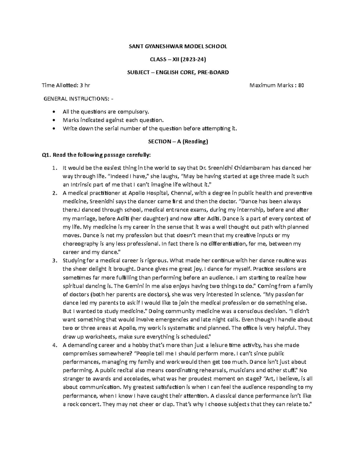 English pb - SANT GYANESHWAR MODEL SCHOOL CLASS – XII (2023-24) SUBJECT ...