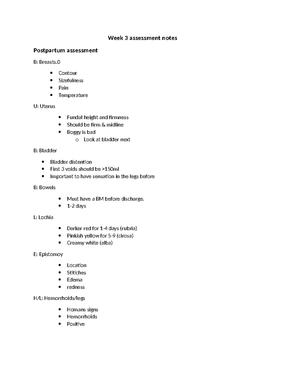 Week 3 assessment notes - Week 3 assessment notes Postpartum assessment ...