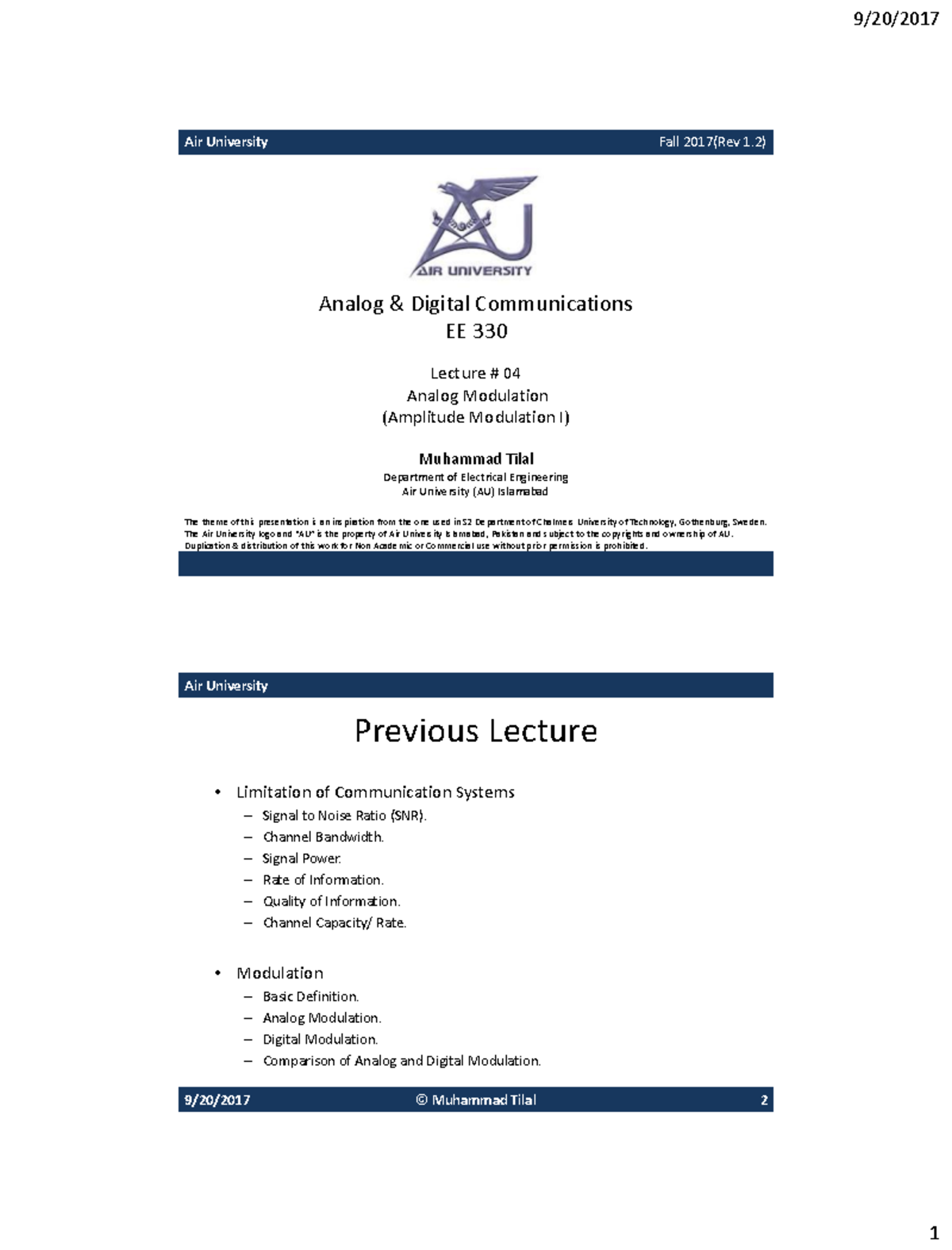 Lecture 04 Analog Modulation Amplitude Modulation I Analog And Digital Communications Ee 330