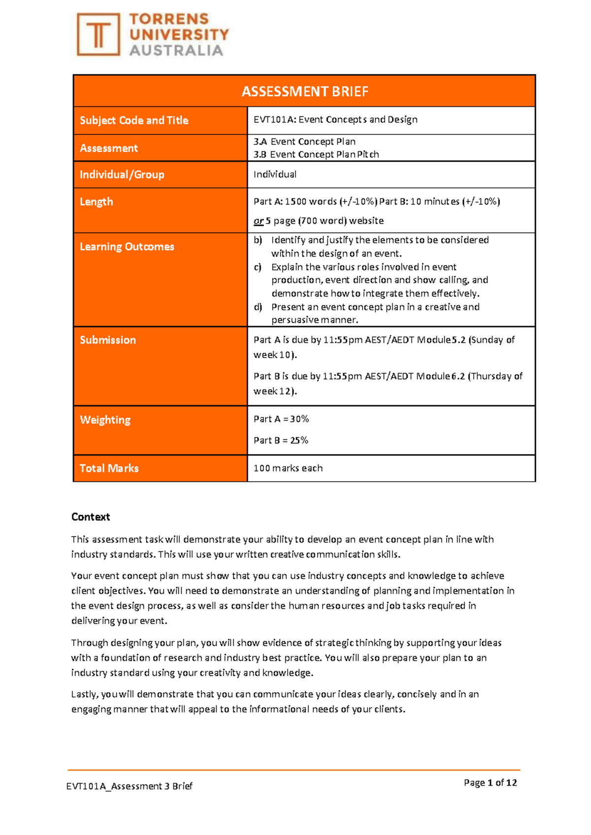 Assessment 3 Brief - EVT101A_Assessment 3 Brief Page 1 of 12 ASSESSMENT ...