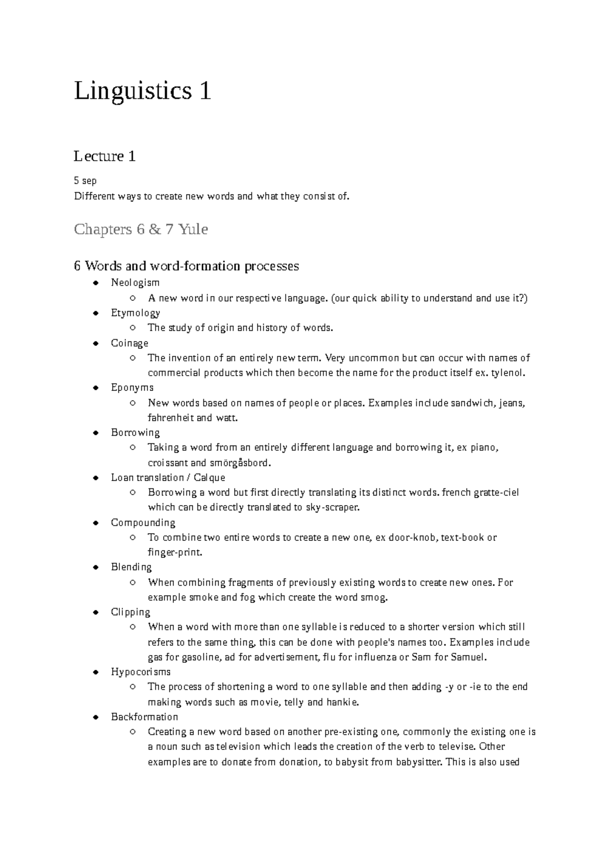 Linguistics 1 first chapter's summary - Linguistics 1 Lecture 1 5 sep ...