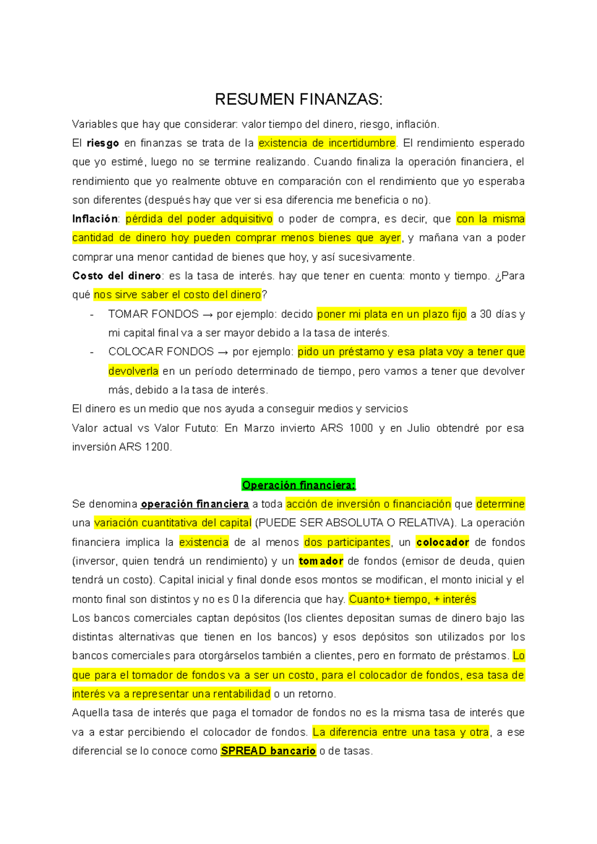 Finanzas Operativas - RESUMEN FINANZAS: Variables que hay que ...