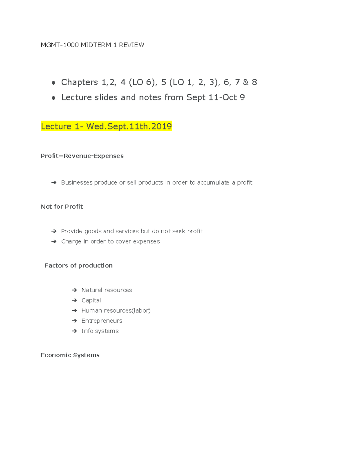 MGMT-1000 Midterm 1 Review - MGMT-1000 MIDTERM 1 REVIEW Chapters 1,2, 4 ...