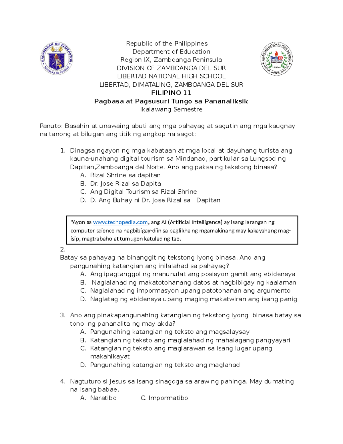 TEST Paper Filipino 11 2ND SEM - Republic of the Philippines Department ...