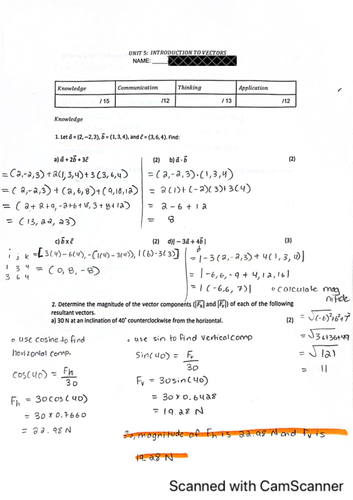Calc unit 5 - test - UNIT 5: INTRODUCTION TO VECTORS NAME: Knowledge ...