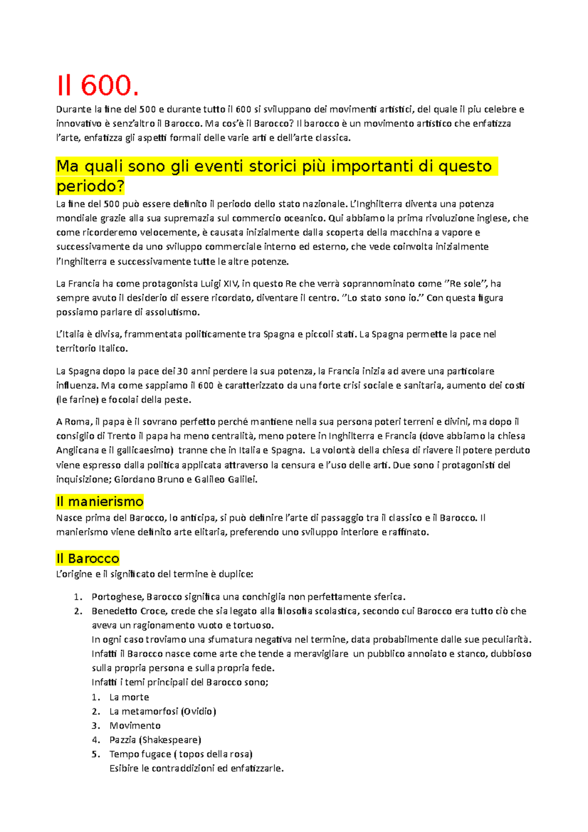Il Barocco 600 - piccolo riassunto - Lettere - UniCt - Studocu