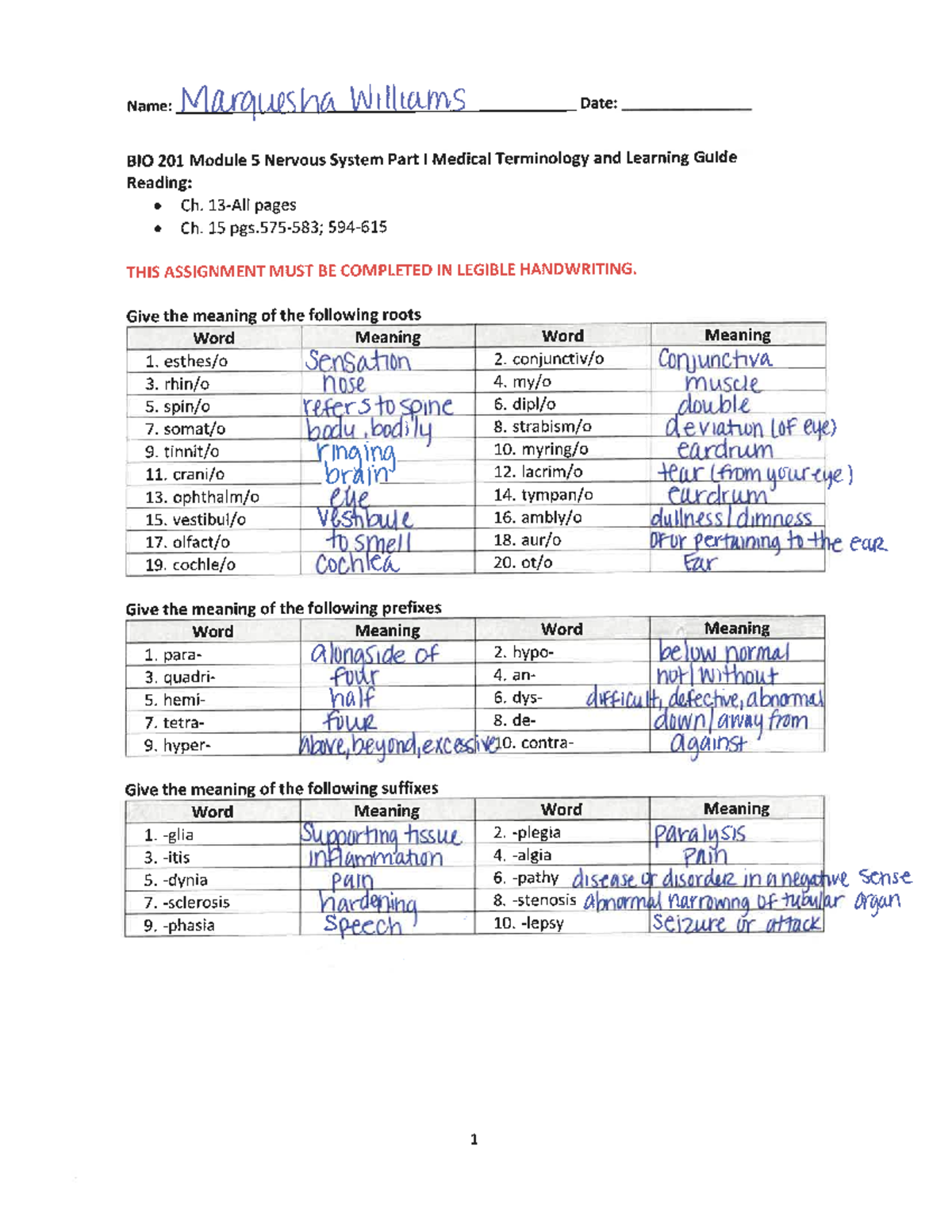 Module 5 Medical Terminology - Name: Marquesha Williams Date: BIO 201 ...