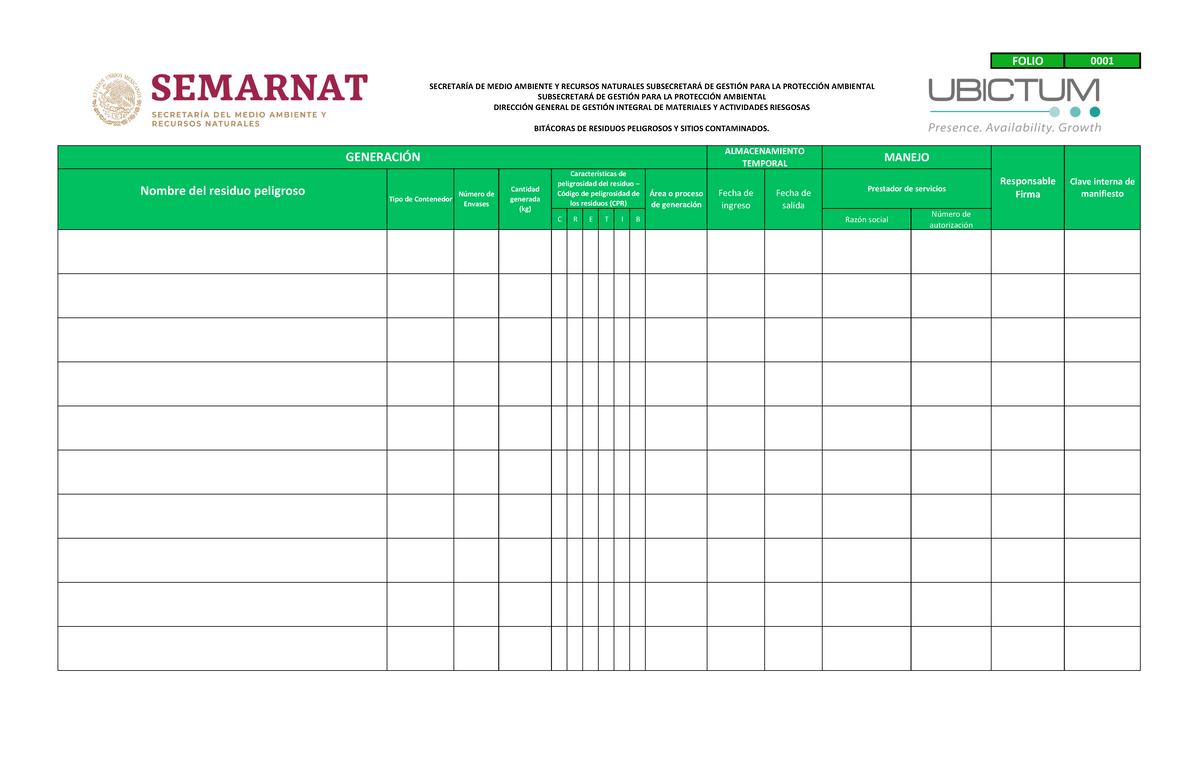 BITÁCORA DE Residuos Peligrosos Ubictum - C R E T I B Razón social ...