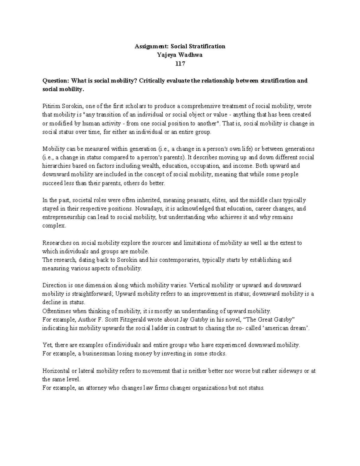 Yajeya Wadhwa 117 Social Stratification Assignment - Assignment: Social ...