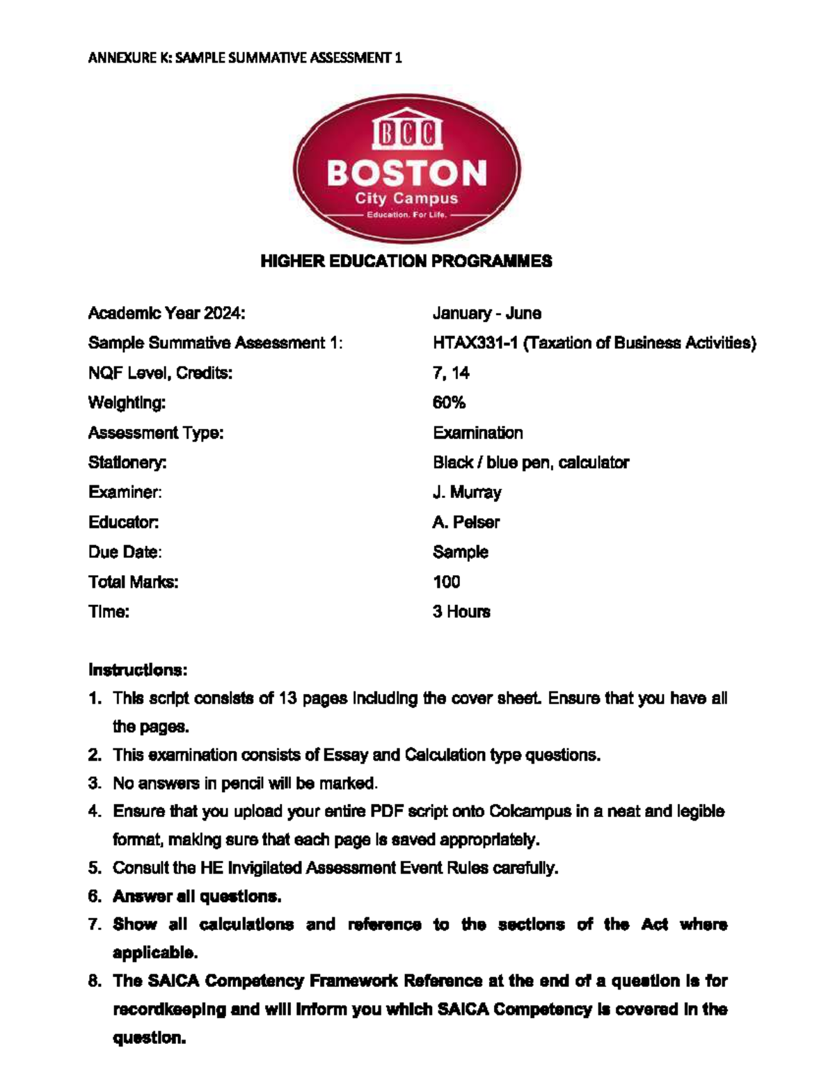 HTAX331-1 - SA1 Sample - practice material - ANNEXURE K: SAMPLE ...