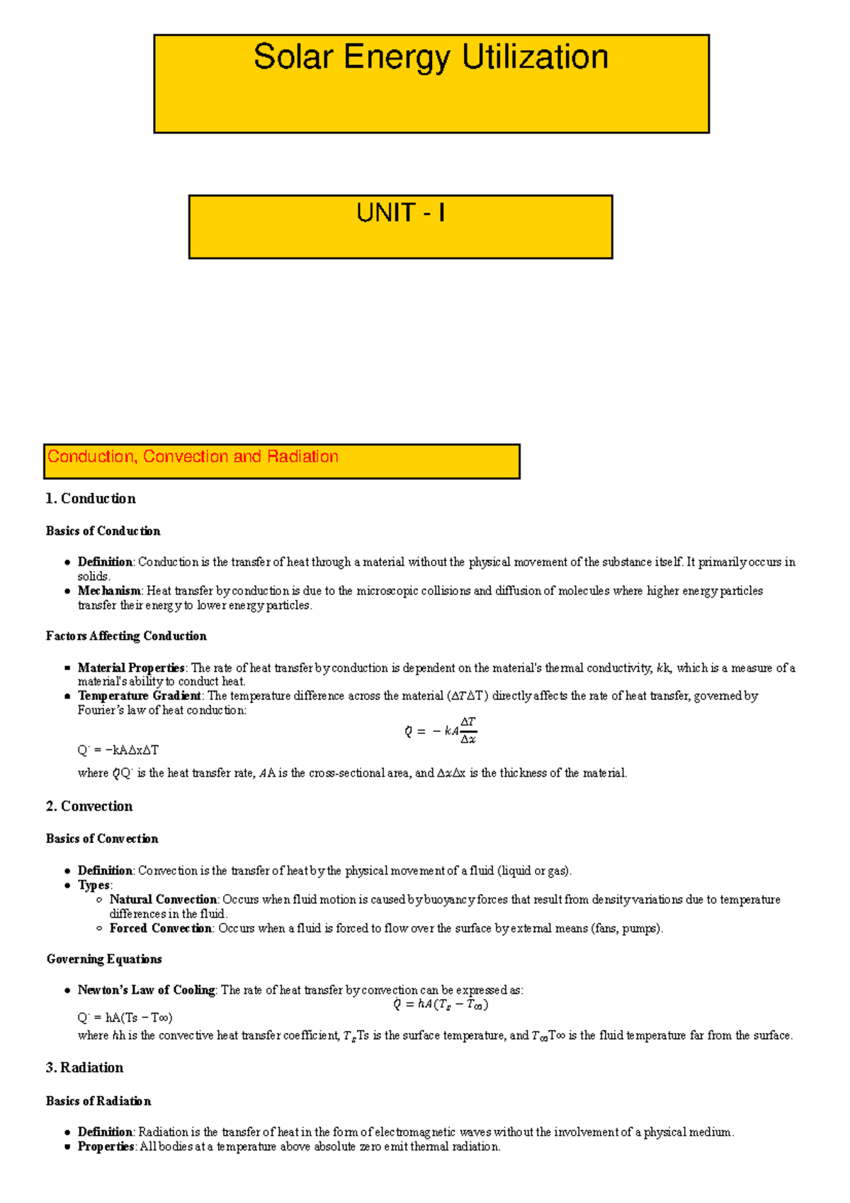 Solar Energy Utilization - 1. Conduction Basics of Conduction ...