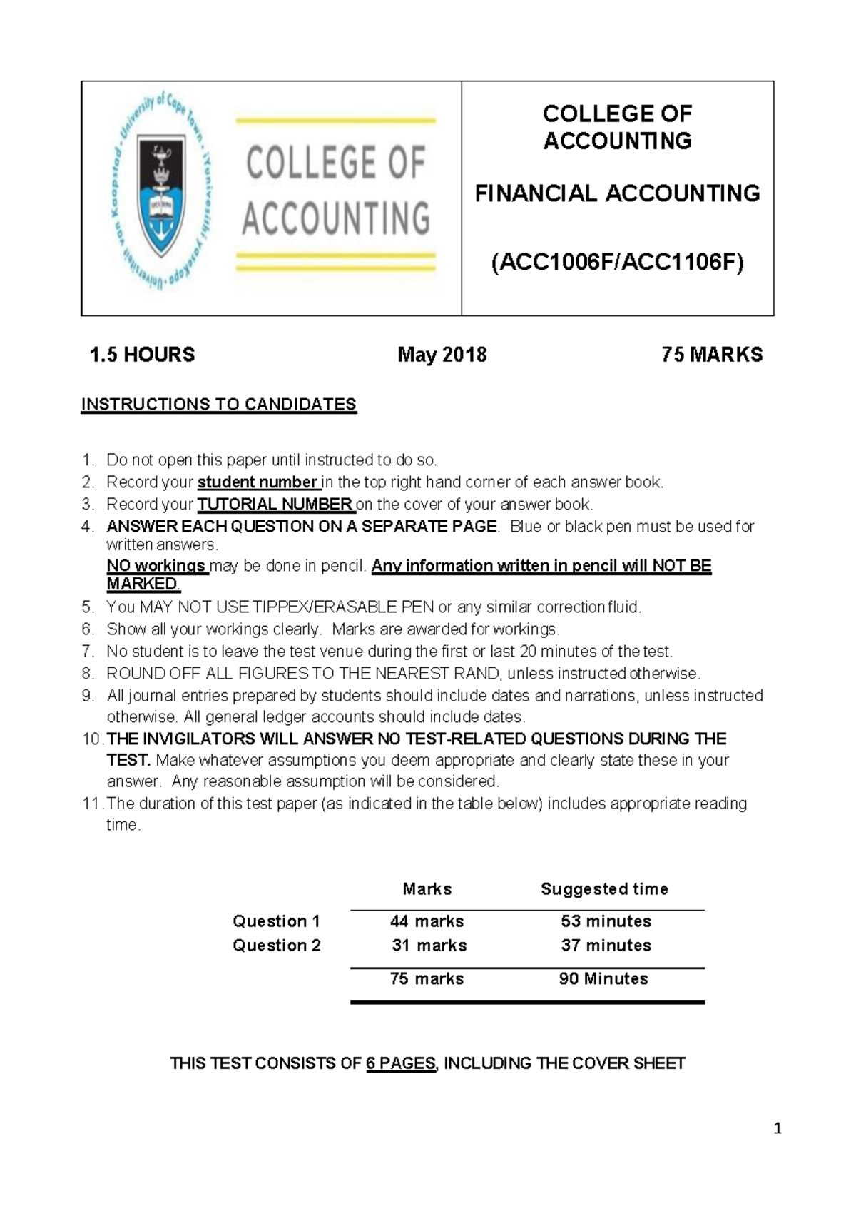 Test 2 2018 - practice - COLLEGE OF ACCOUNTING FINANCIAL ACCOUNTING ...