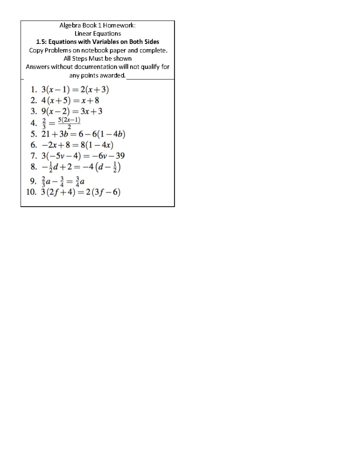 1.5 Homework Variables Both Sides - Algebra Book 1 Homework: Linear ...