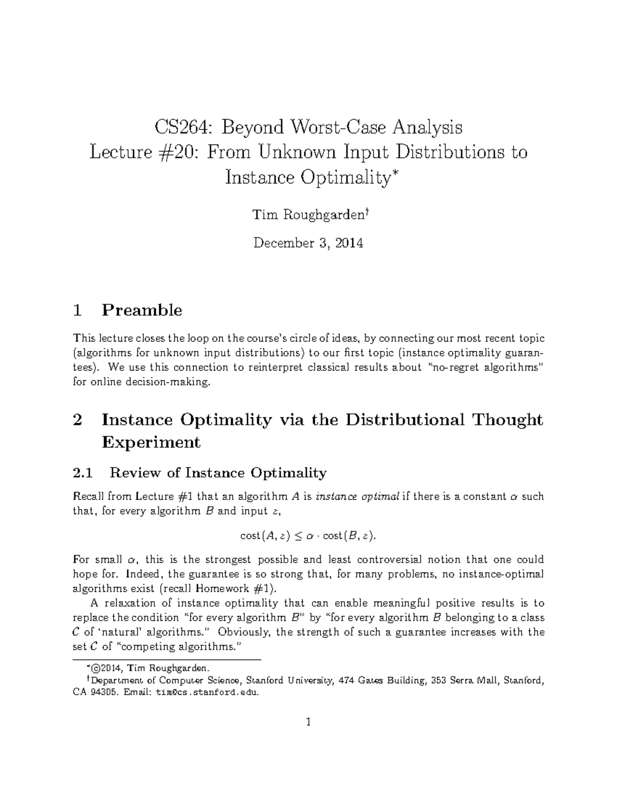 L20 - Prof is Naveen Garg - CS264: Beyond Worst-Case Analysis Lecture #20: From Unknown Input ...