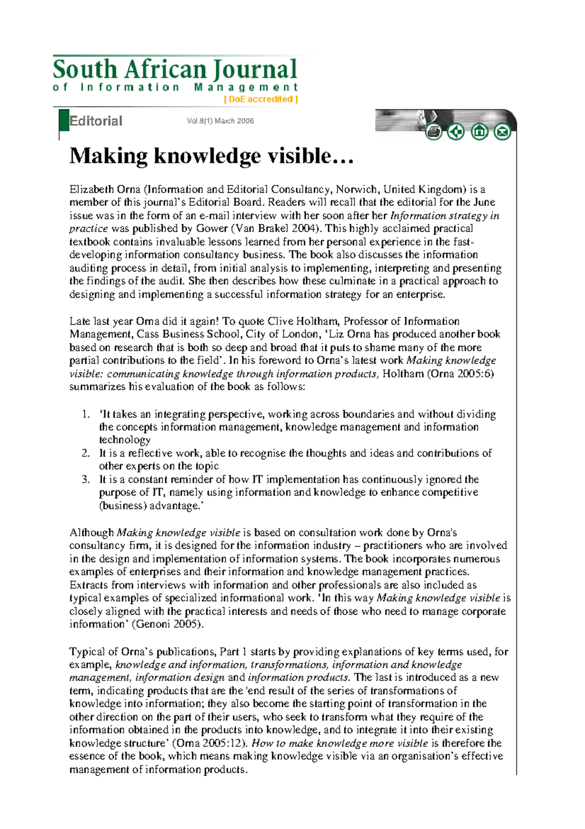 Making knowledge visible - .. Elizabeth Orna (Information and Editorial ...