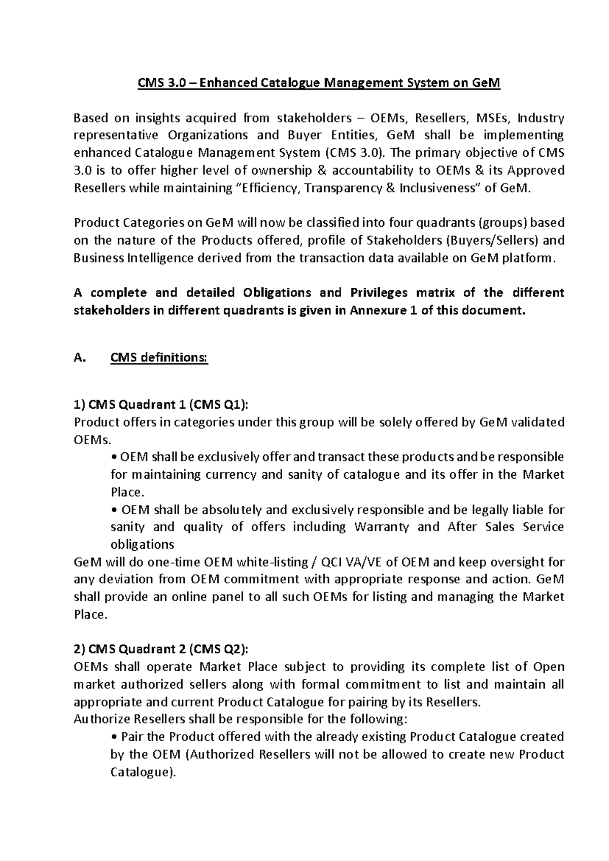 Quadrant policy of gem - CMS 3 – Enhanced Catalogue Management System ...