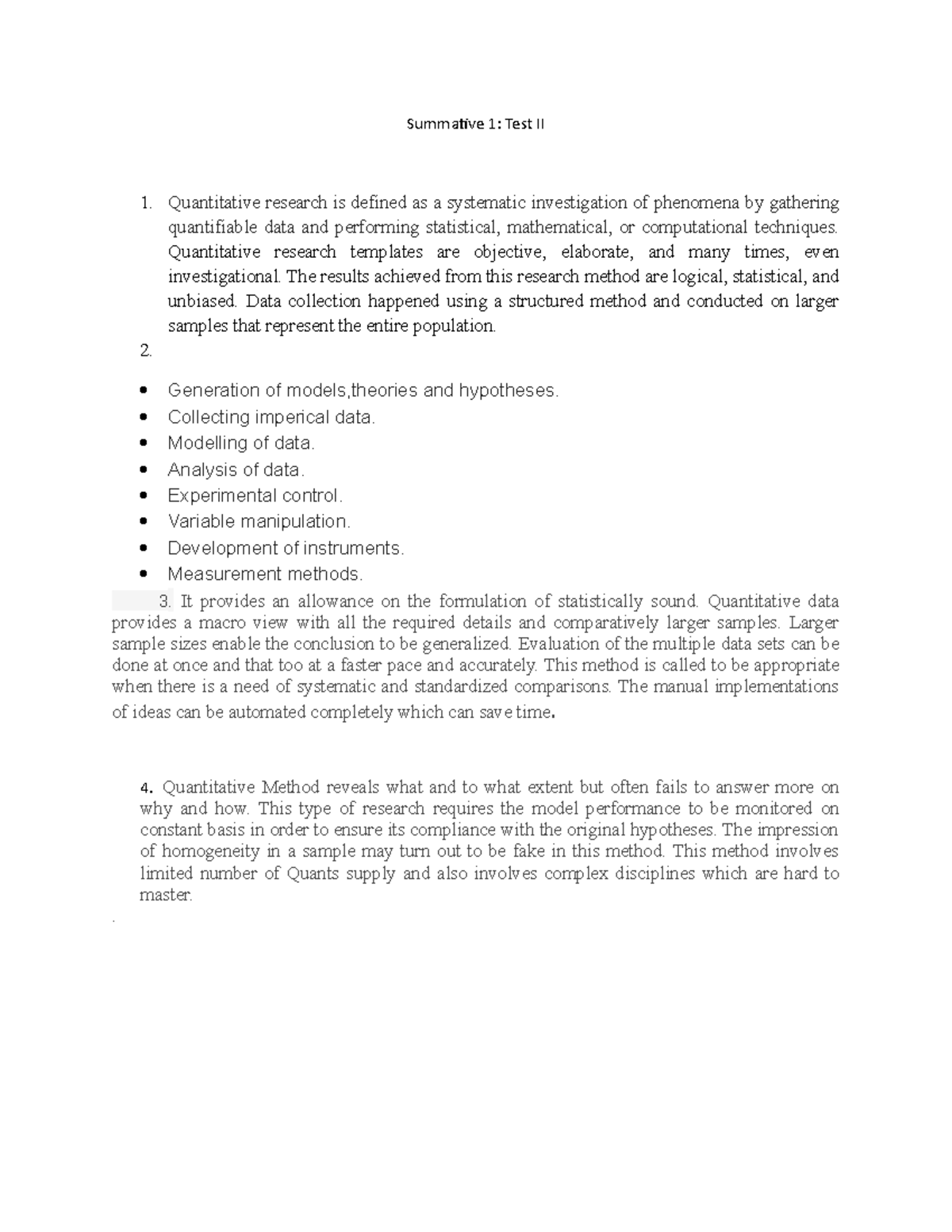 Summative test 2 - 1222 - Summative 1: Test II Quantitative research is ...
