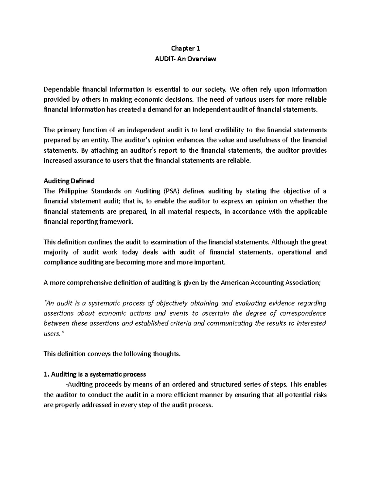 Chapter 1 Audit An Overview copy - Chapter 1 AUDIT- An Overview Dependable financial information ...