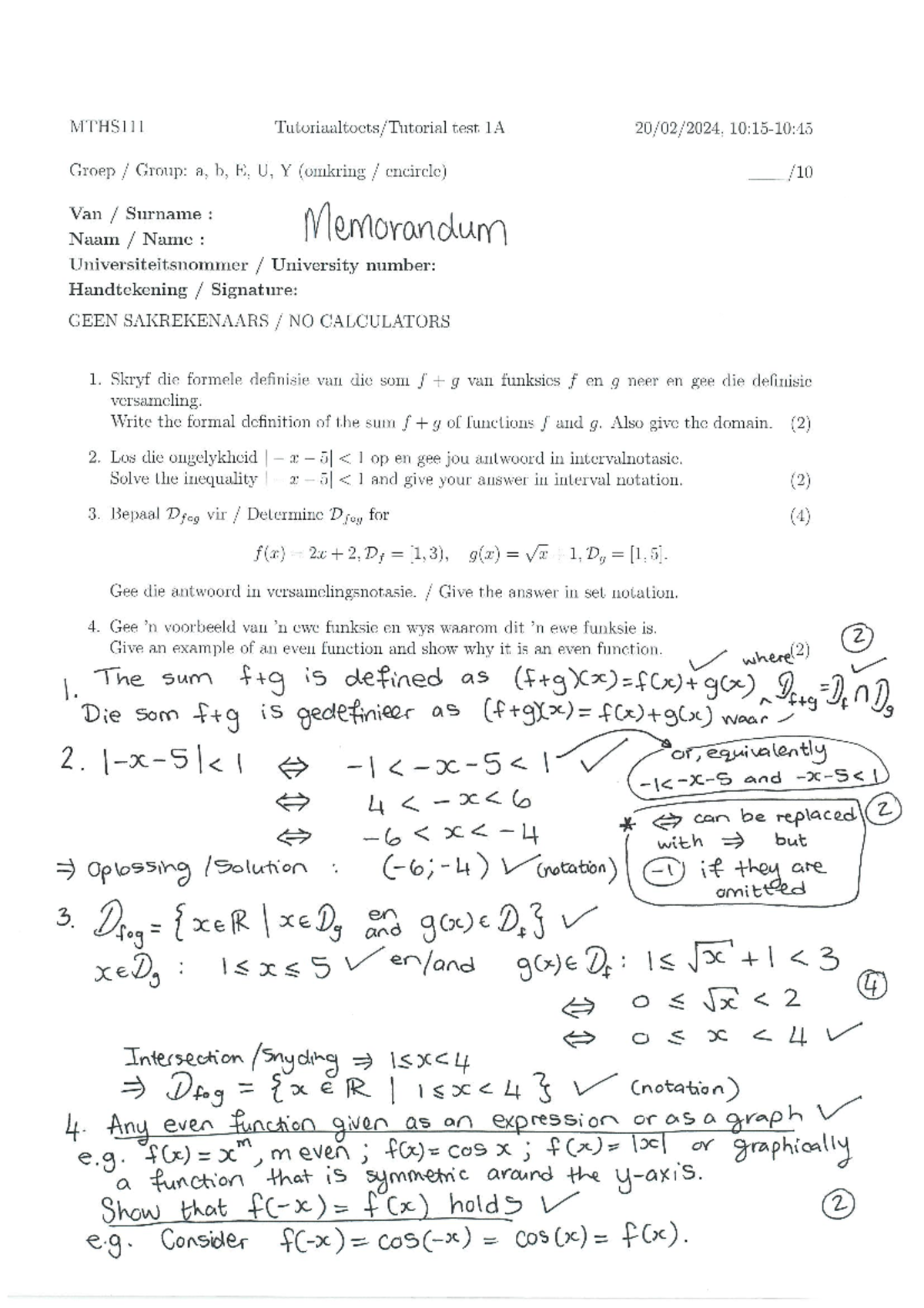 MTHS111 Test1Memo2024 - MTHS 111 - Studocu