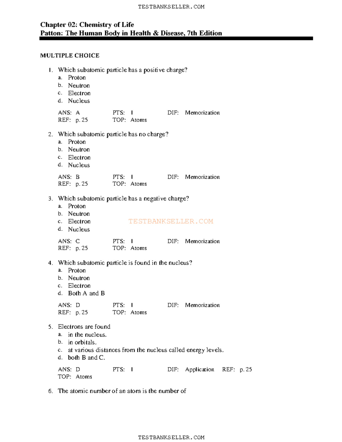 02 - answer - TESTBANKSELLER Chapter 02: Chemistry of Life Patton: The ...