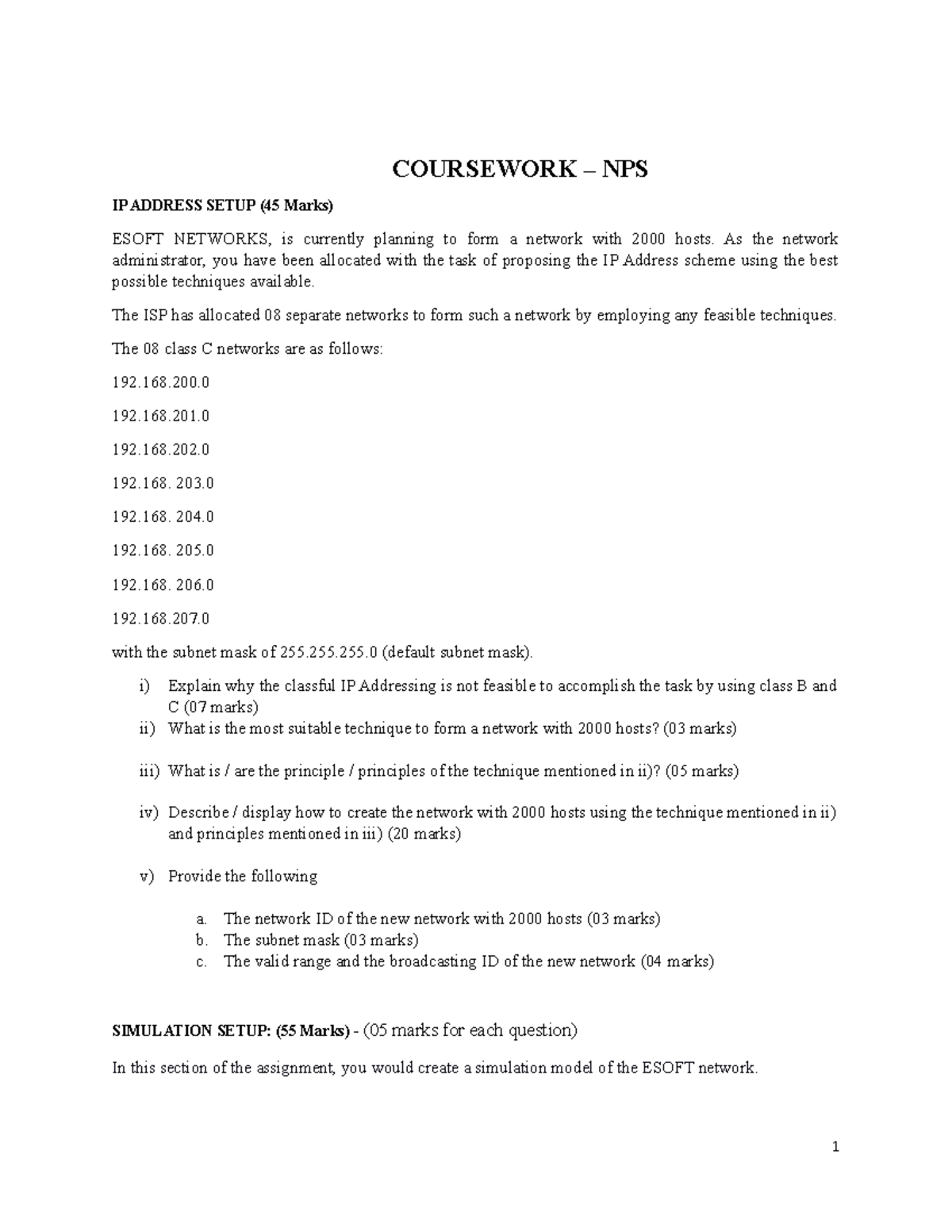 NPS Course Work - COURSEWORK – NPS IP ADDRESS SETUP (45 Marks) ESOFT ...