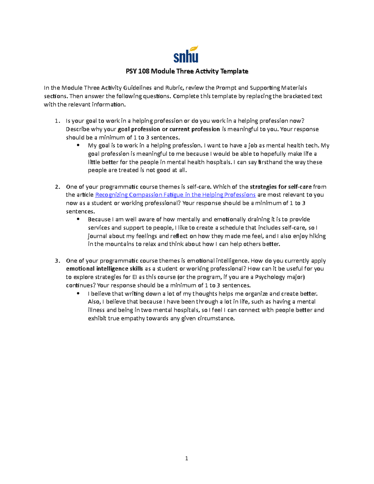 PSY 108 Module Three Activity Template - Then answer the following ...