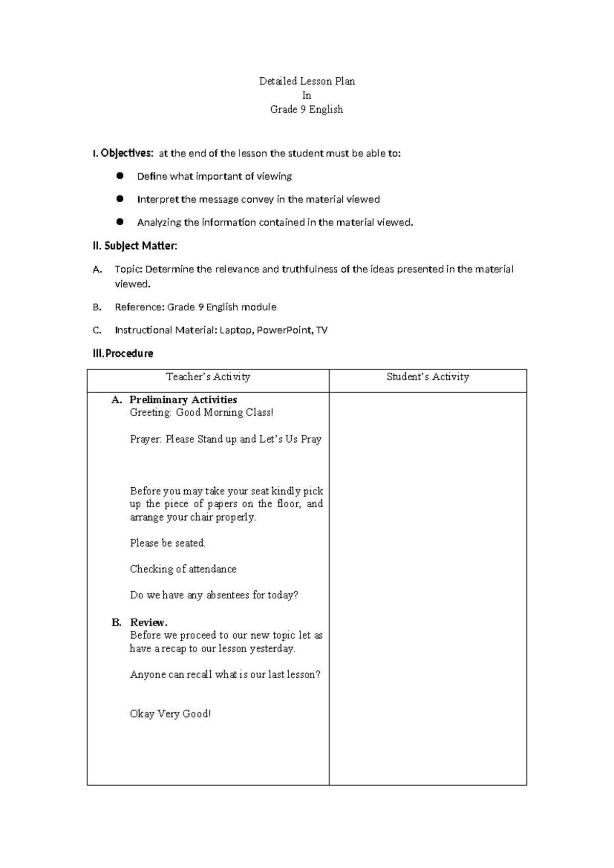 Detailed Lesson Plan Viewing - Detailed Lesson Plan In Grade 9 English ...