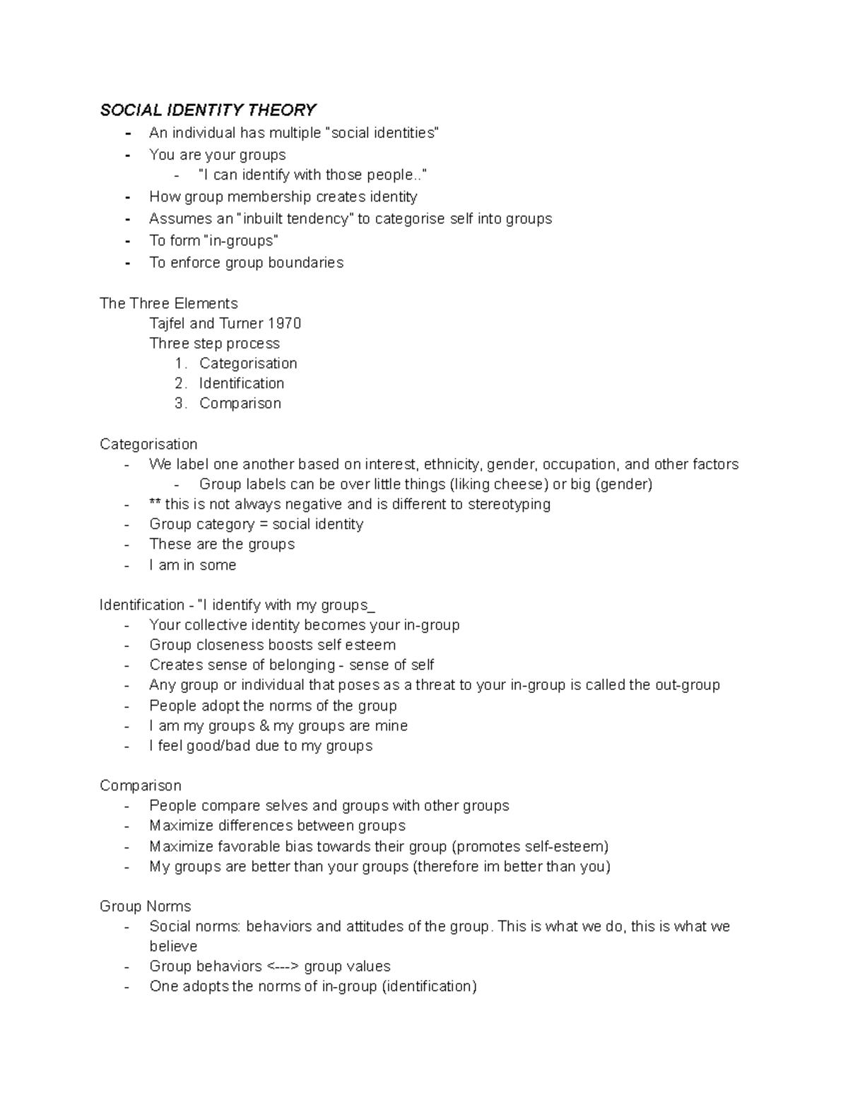 IB Psych 2 Notes - PSY202A - SOCIAL IDENTITY THEORY - An individual has ...