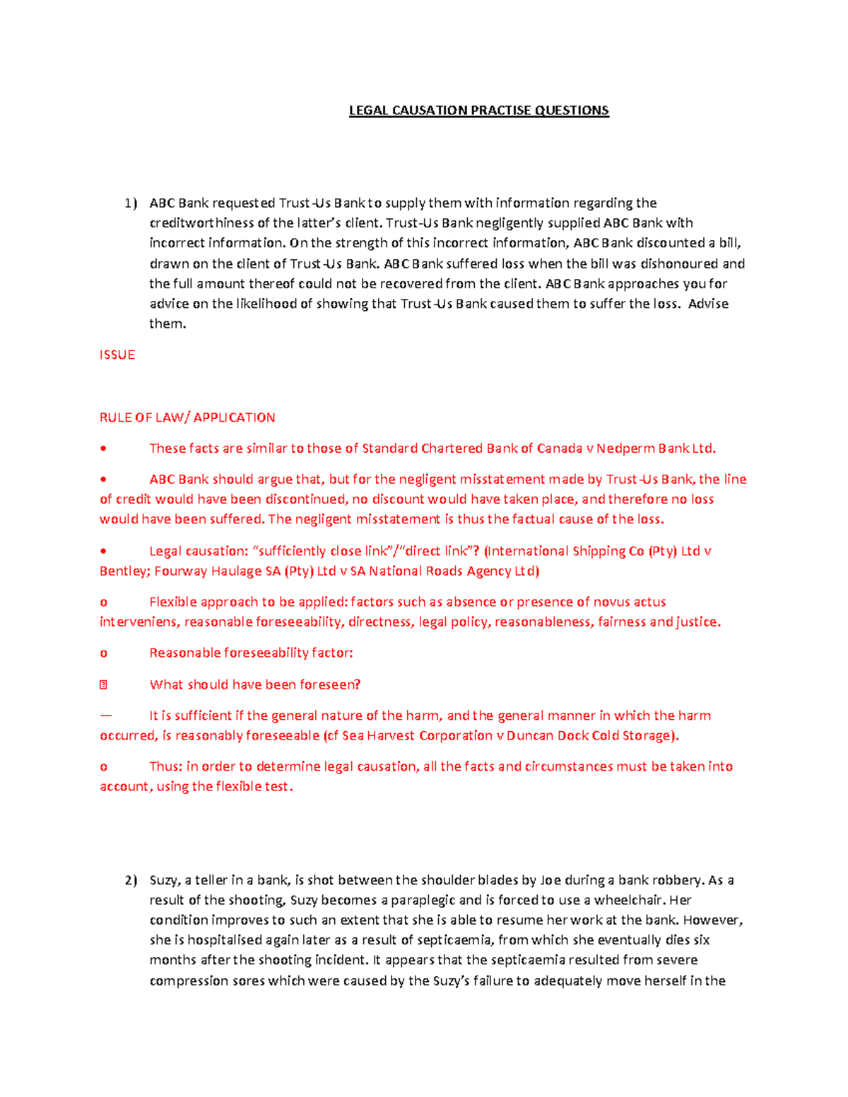 Legal Causation Practise Questions PDF - LEGAL CAUSATION PRACTISE ...