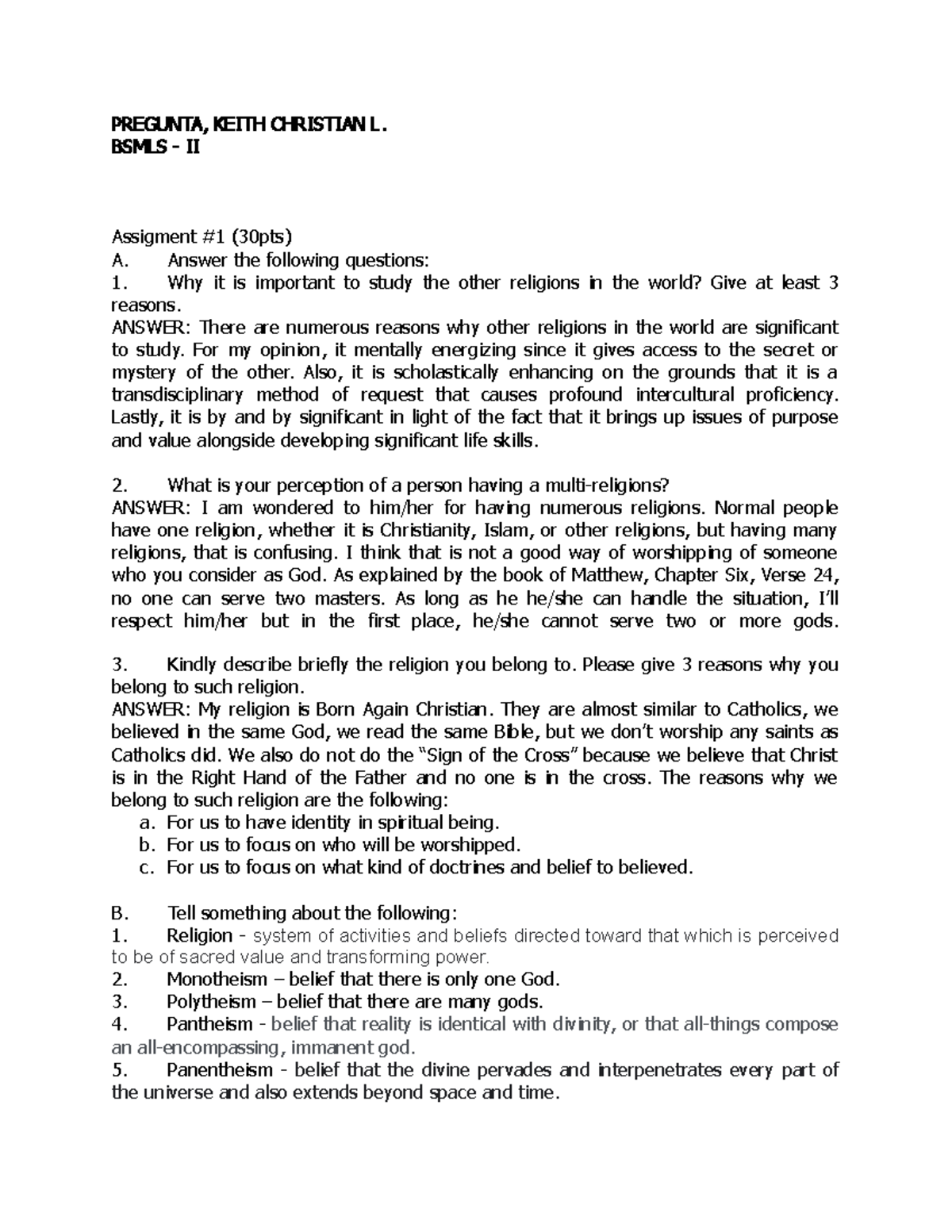 Assignment in Theology Class: Christianity and Other Religions ...