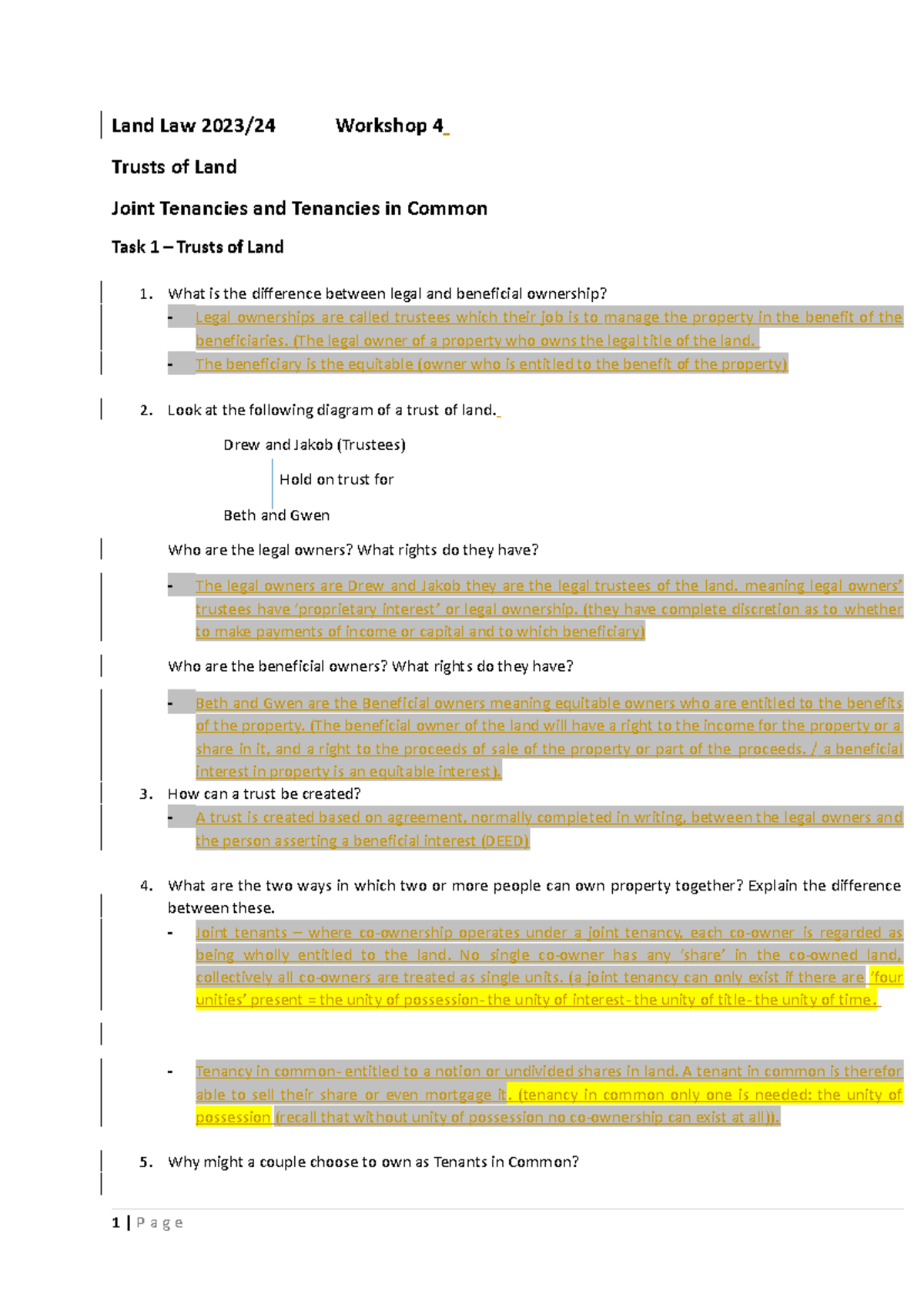 Land 04 Co-Ownership Seminar Questions - Land Law 2023/24 Workshop 4 ...