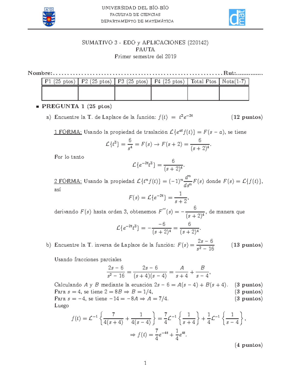 Examen 2019, preguntas y respuestas - UNIVERSIDAD DEL FACULTAD DE CIENCIAS DEPARTAMENTO DE ...