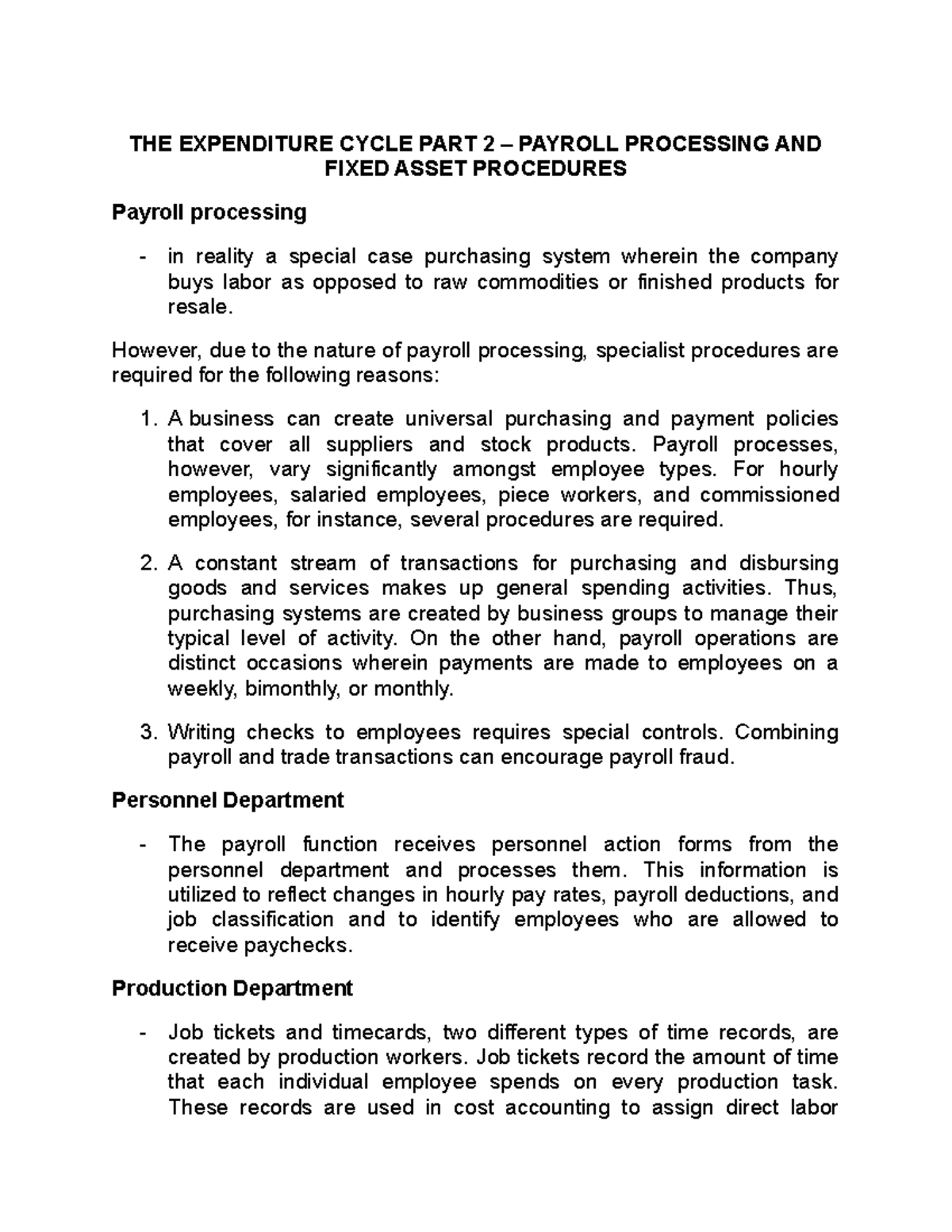 THE Expenditure Cycle PART 2 – Payroll Processing AND Fixed Asset ...