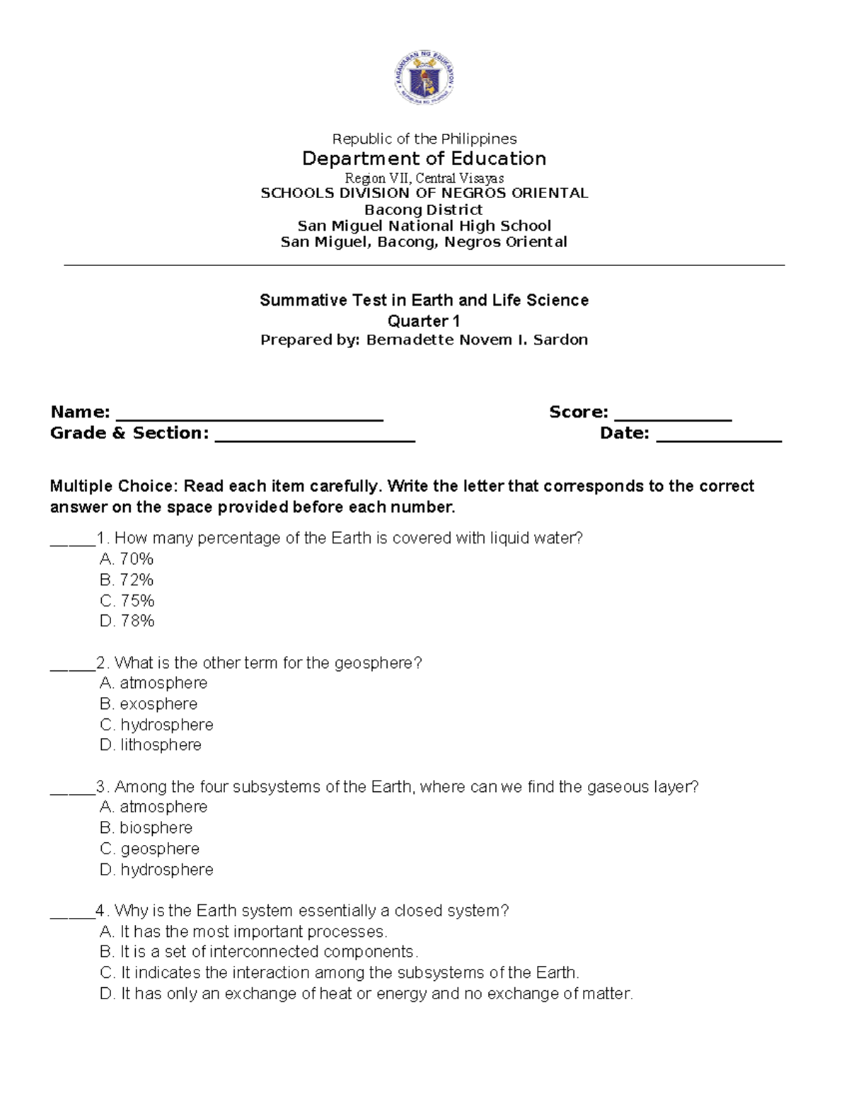 Edited Q1-G11-Earth-and-Life-Science-Summative - Republic of the ...
