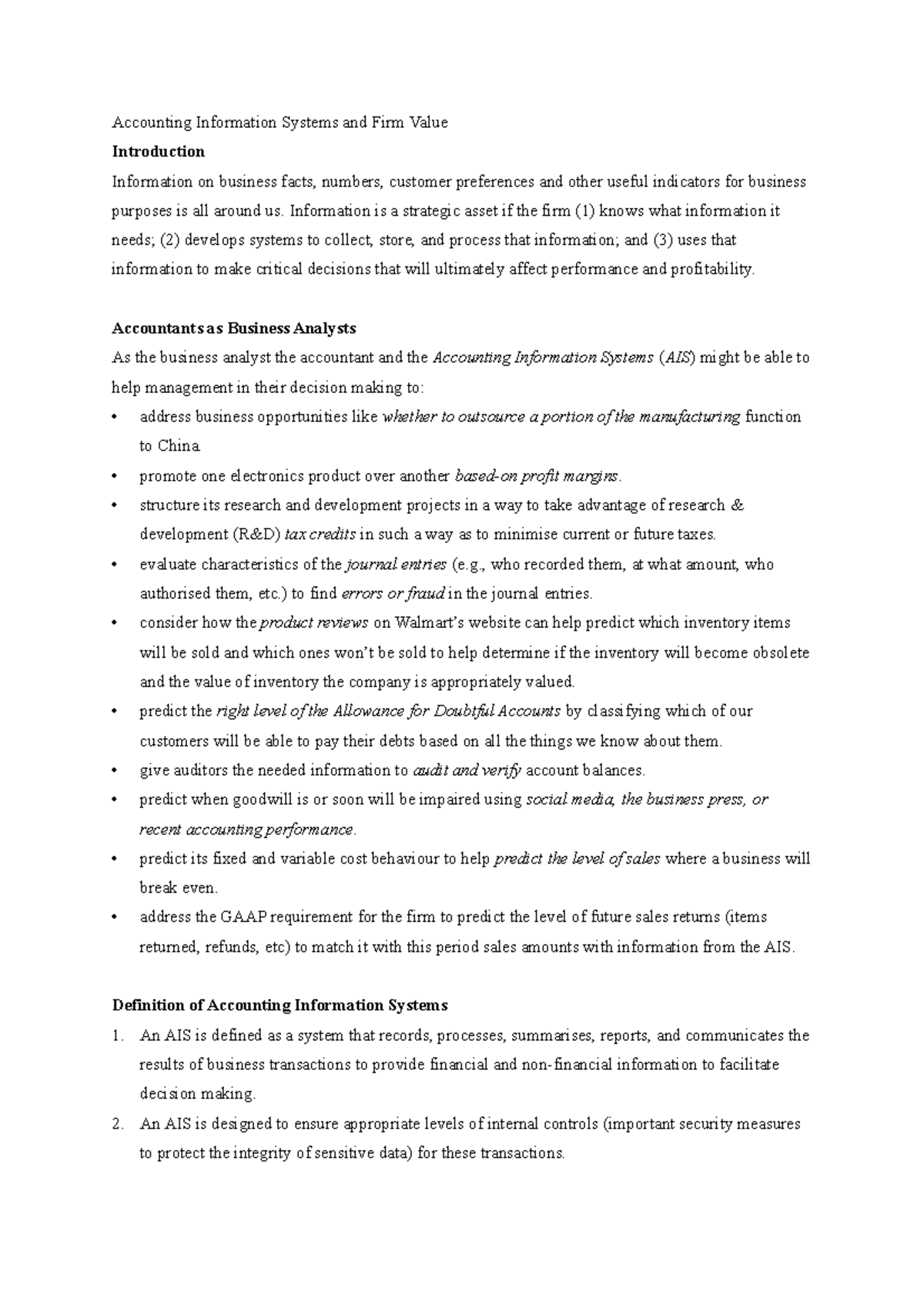 chapter one notes - Accounting Information Systems and Firm Value ...