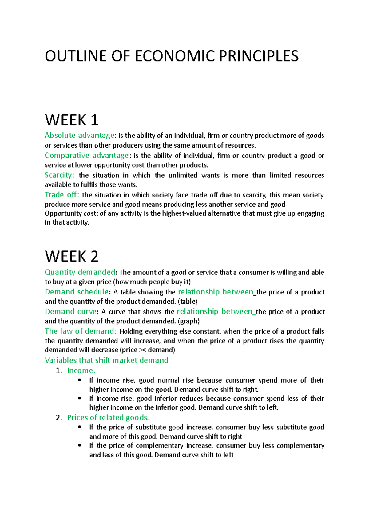 Outline OF Economic Principles - OUTLINE OF ECONOMIC PRINCIPLES WEEK 1 ...