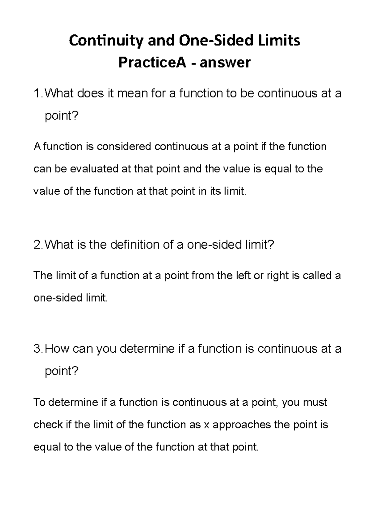 Continuity and One-Sided Limits Practice A - answer - Continuity and ...