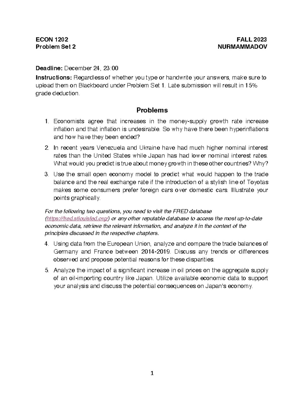 Ps2 econ 1202 fall2023 - Questions - 1 ECON 1202 FALL 2023 Problem Set ...