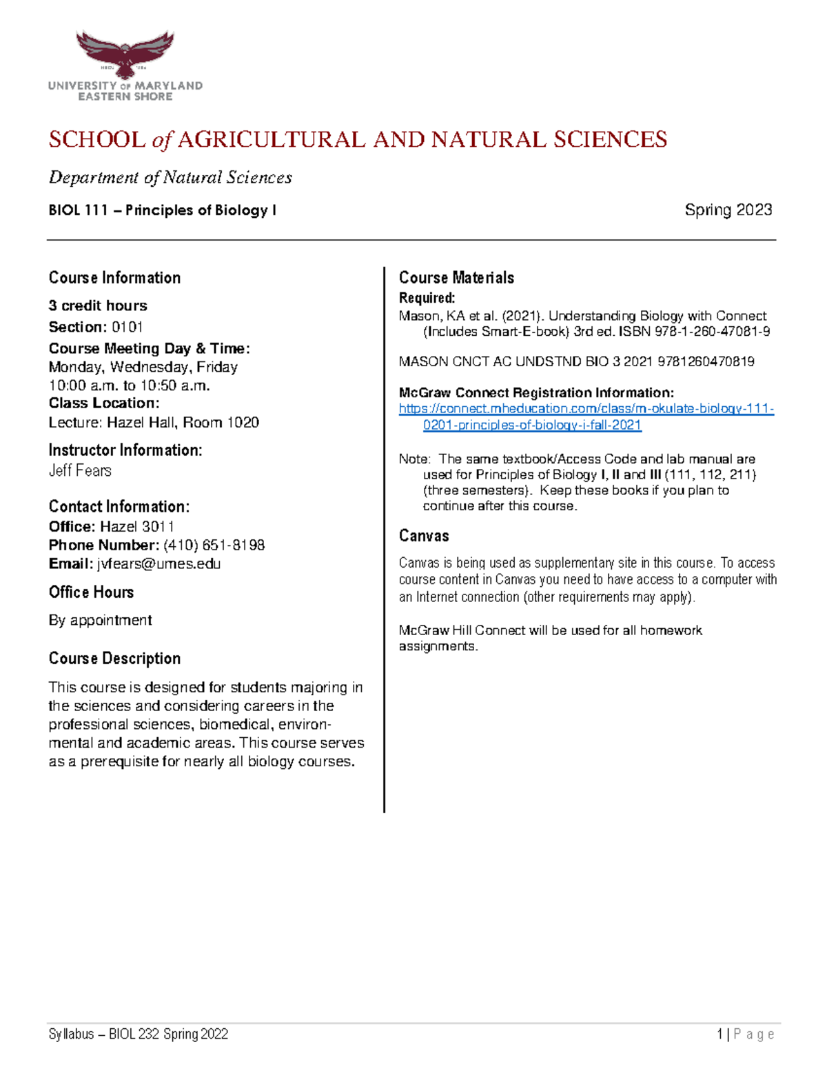 BIO 111 Syllabus Spring 2023 Dr Fears - SCHOOL of AGRICULTURAL AND ...