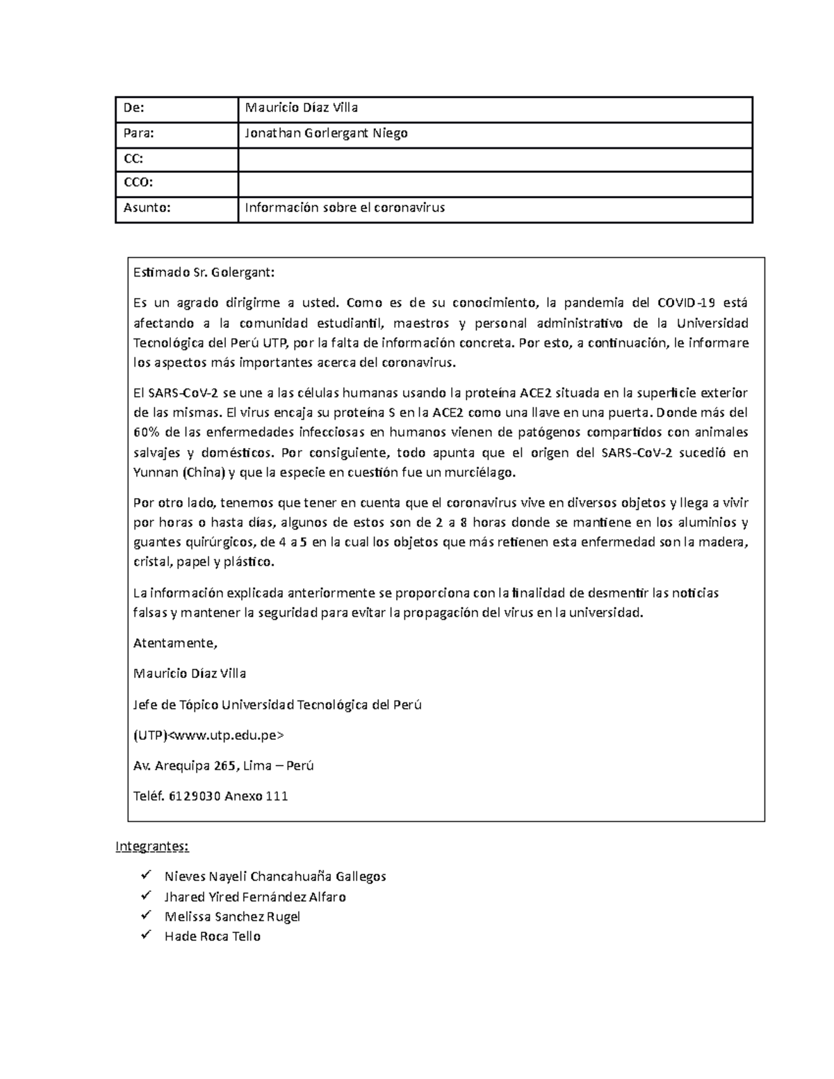 Esquema base de correo electrónico formal - De: Mauricio Díaz Villa ...