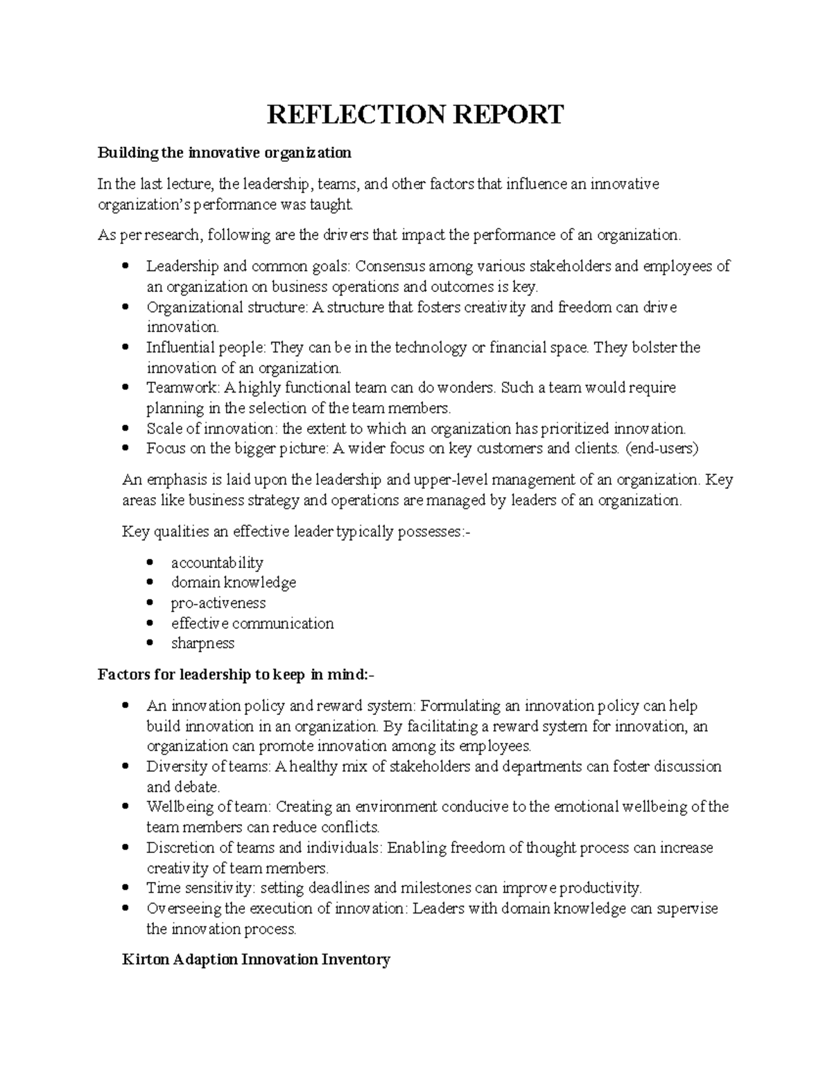 Reflection Report-2 - Building the innovative organization - REFLECTION ...