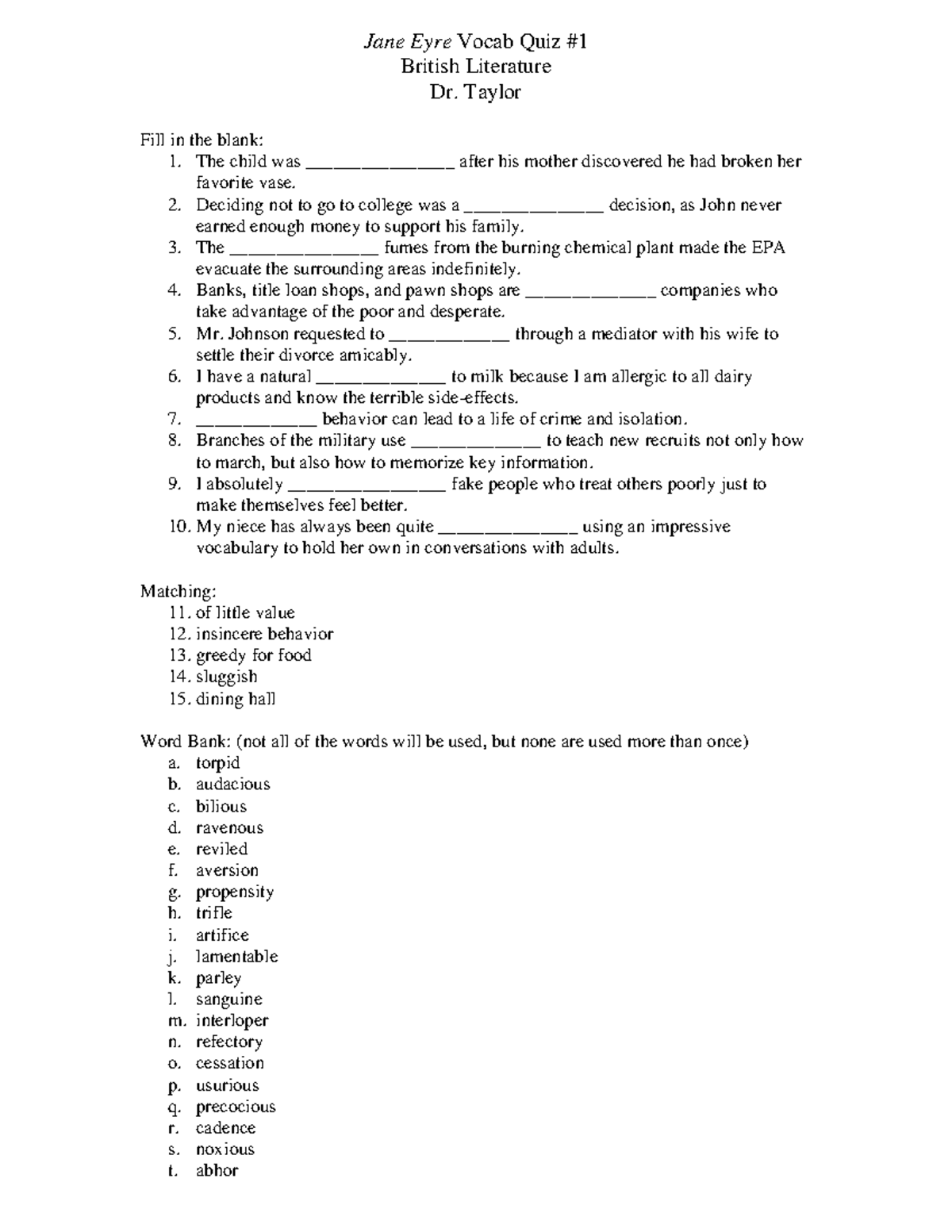 Jane Eyre Vocab Quiz1 - Jane Eyre Vocab Quiz British Literature Dr ...