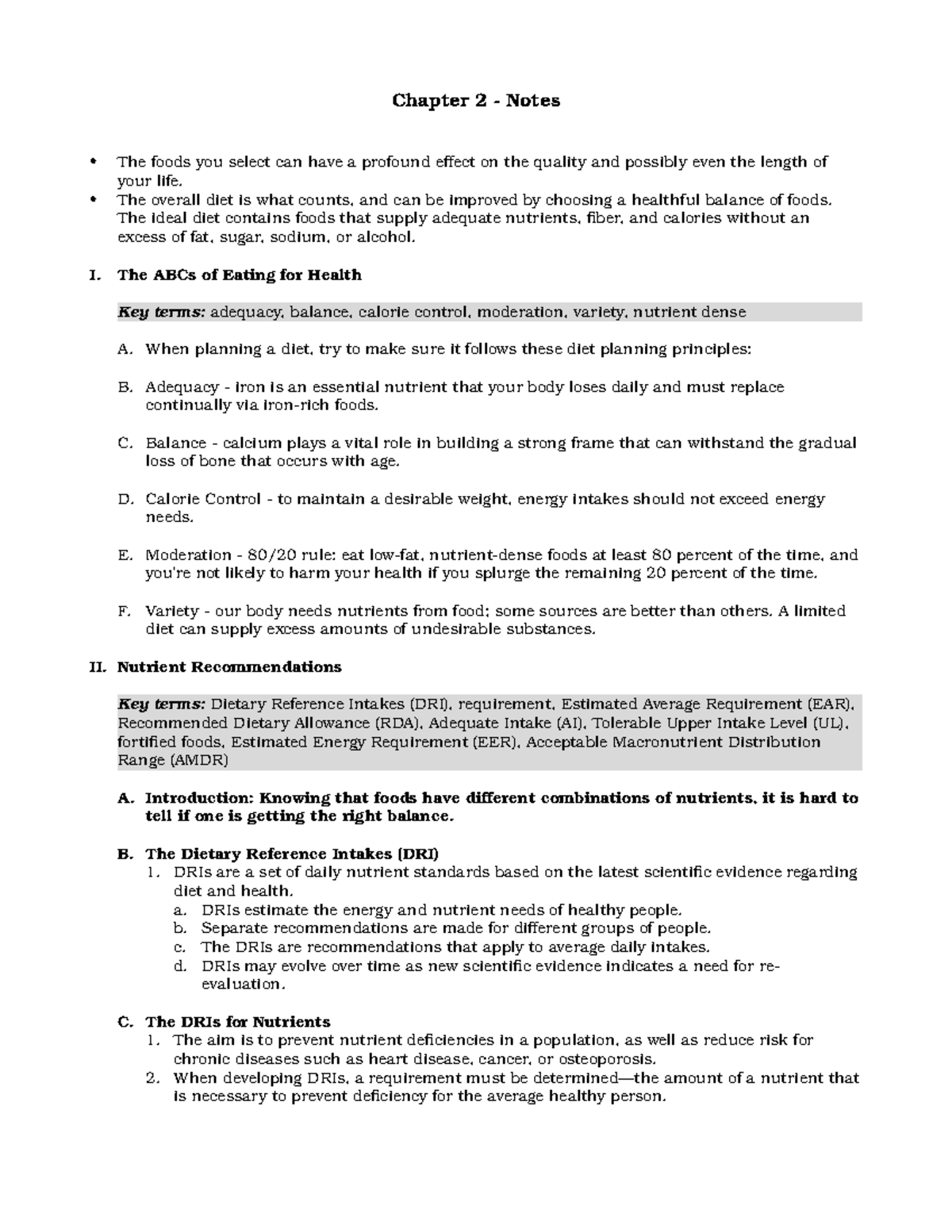 Chapter 2 - Notes - Teacher unkown - Chapter 2 - Notes • • The foods ...