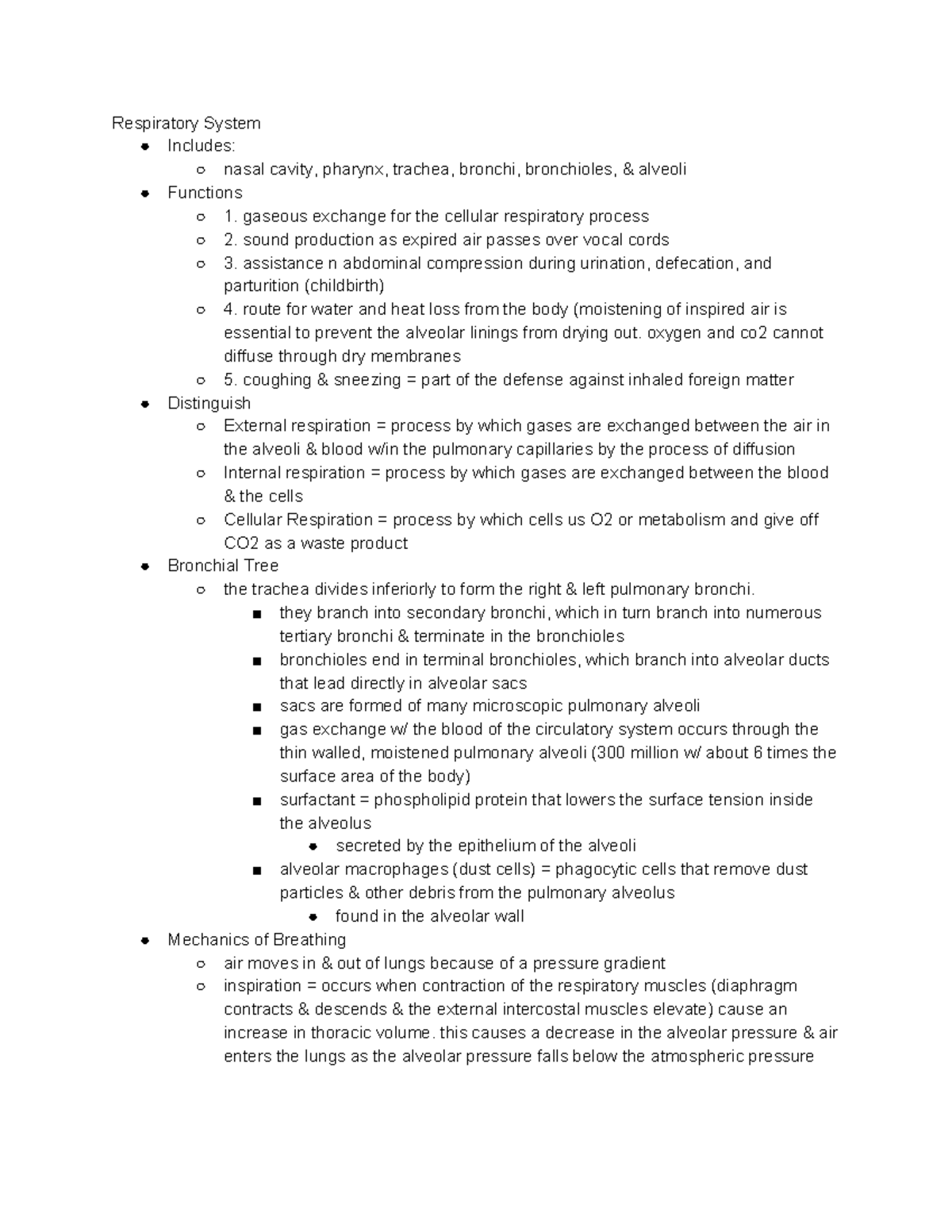 Human Physiology Quiz 5 Review Notes - Respiratory System Includes ...