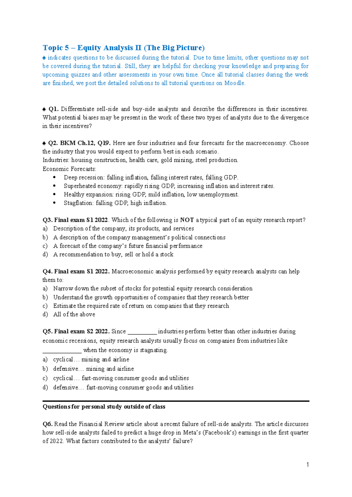 Tute 5 Qs - Topic 5 – Equity Analysis II (The Big Picture) ♠ indicates ...
