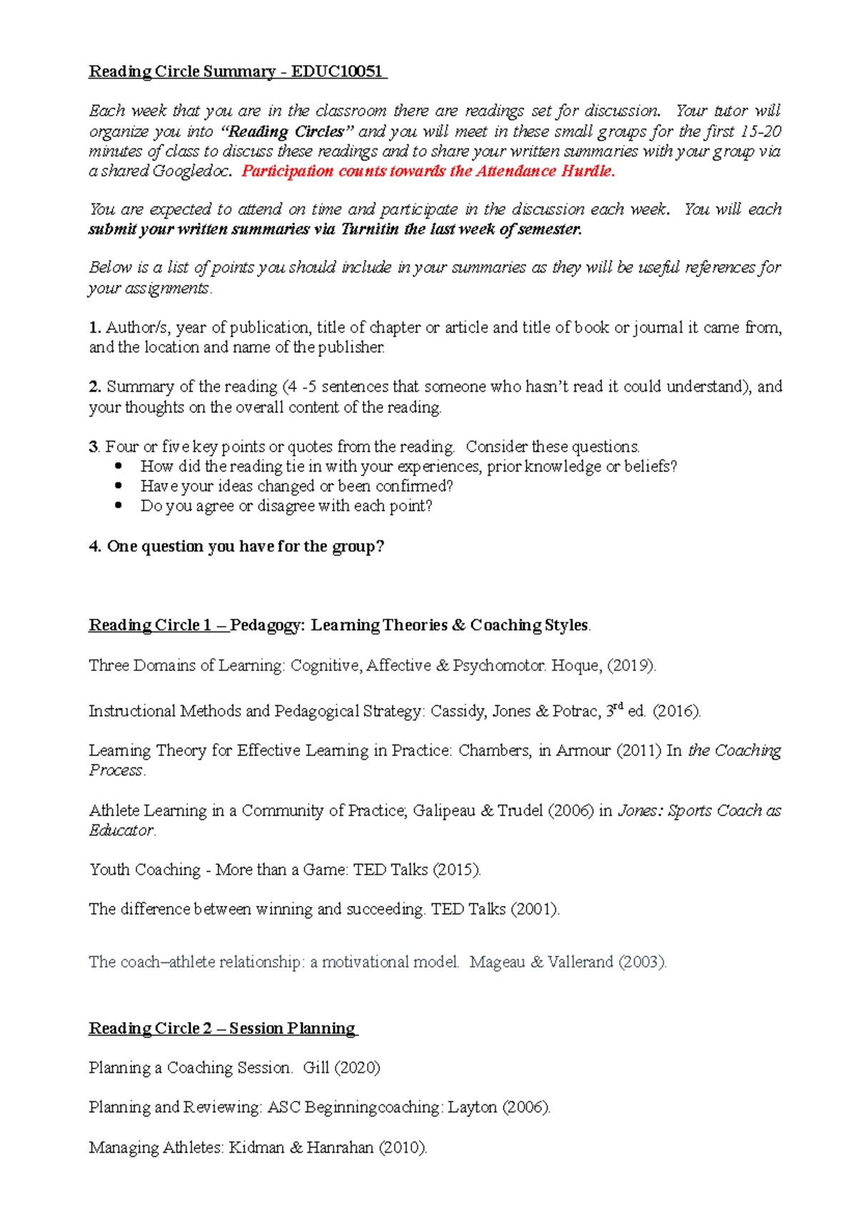 Reading Circle Summary & List - Reading Circle Summary - EDUC Each week ...
