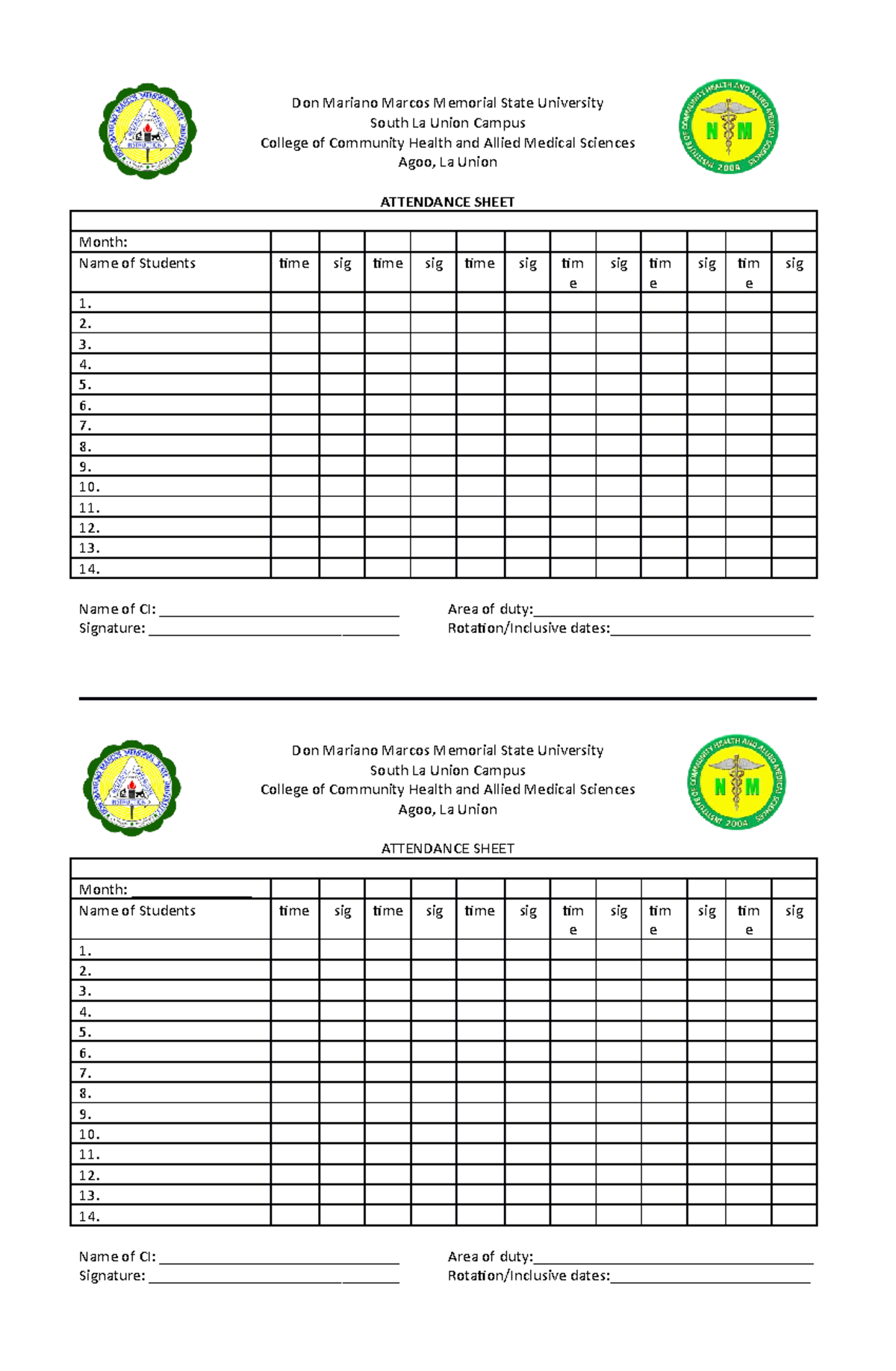 Attendance sheet 2 1 DUTY - Don Mariano Marcos Memorial State ...