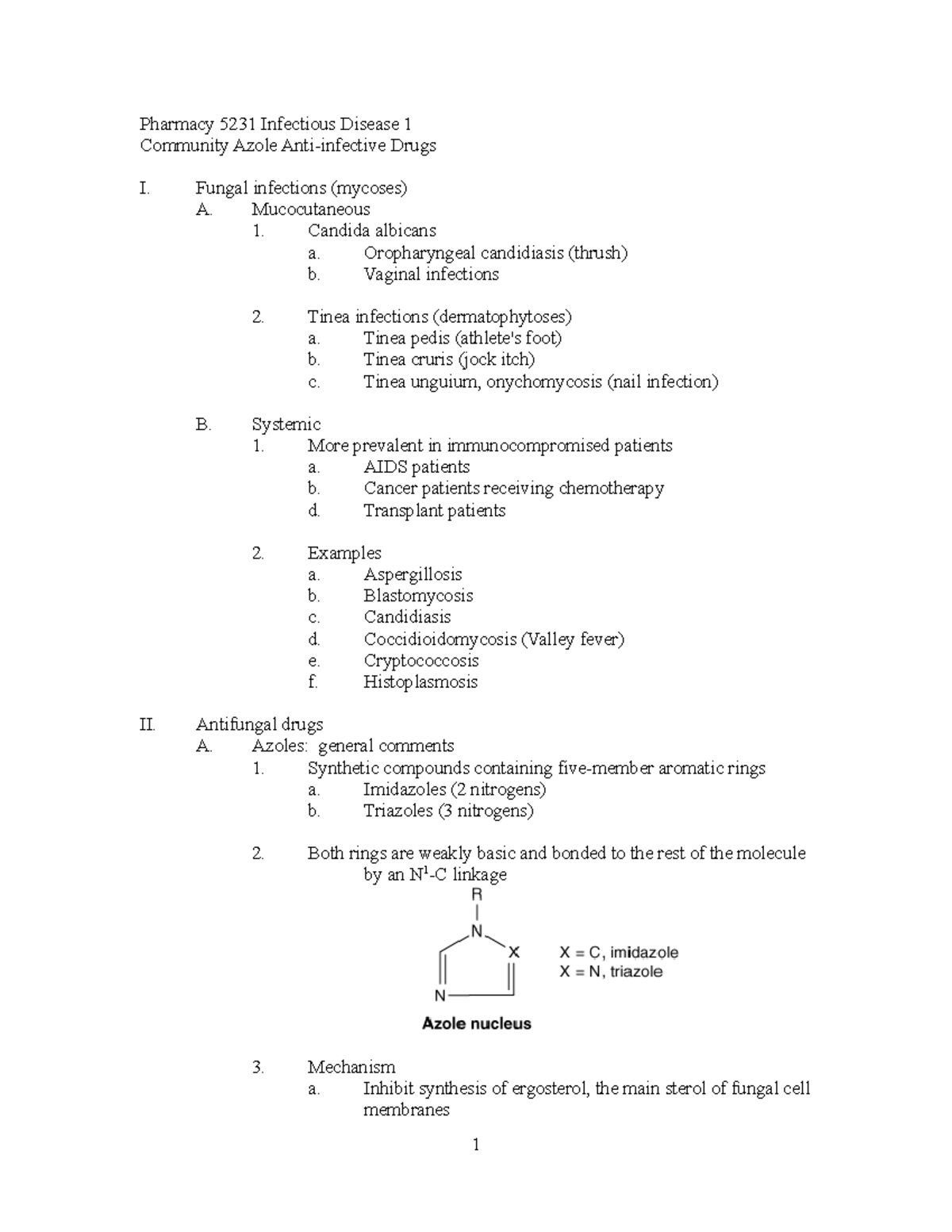 Azoles Notes - Pharmacy 5231 Infectious Disease 1 Community Azole Anti ...