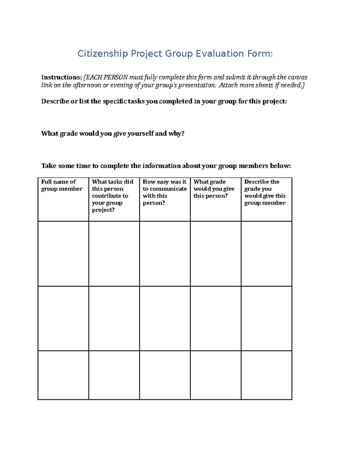 Citizenship Project Group Evaluation Form 2 - Citizenship Project Group ...